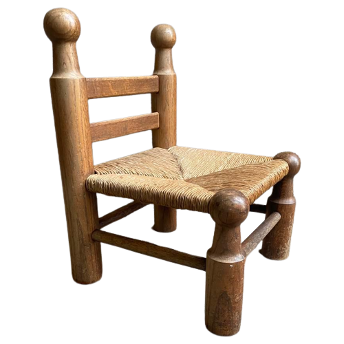 Bekijk Brutalist Lage Stoel Met Rieten Zitting, Charles Dudouyt op Reliving