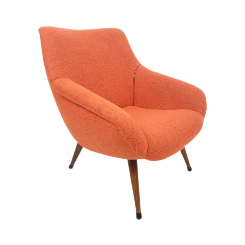 Bekijk * Vintage Oranje Fauteuil Wollen Stof Schuine Pootjes op Reliving