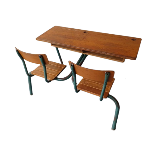 Bekijk Vintage Industrieel Bureau / Schooltafel / Schoolbank op Reliving