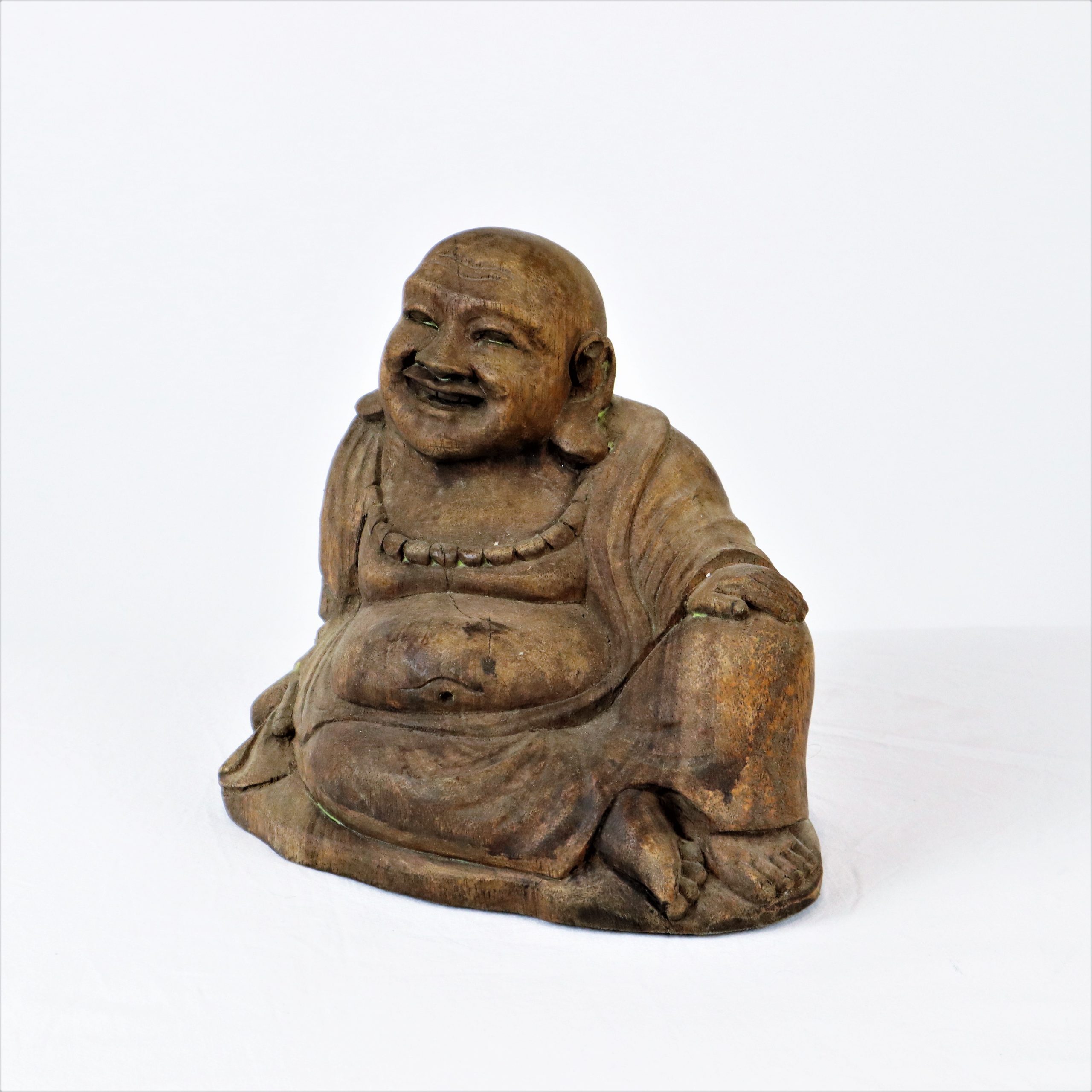 Bekijk Oude Lachende Boeddha Vintage Massief Houten Beeld 20Cm op Reliving