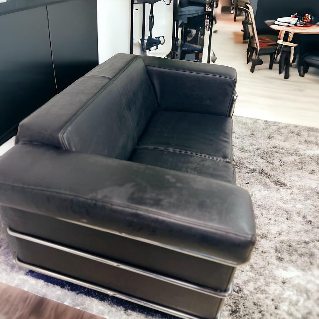 Bekijk Vintage Zwarte Leren Tweezit / Zetel / Canapé op Reliving
