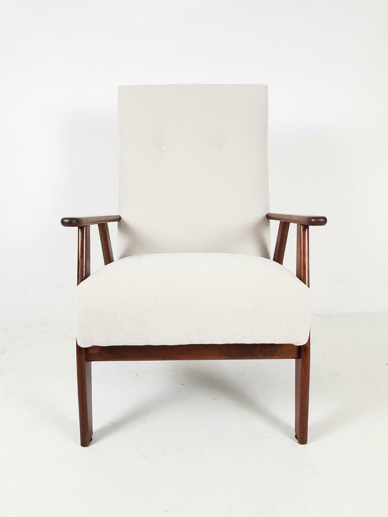 Bekijk Vintage Fauteuil Crème Teak | Wollen Stof Nieuw op Reliving